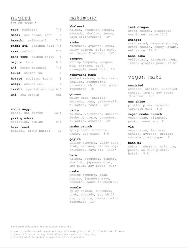 Menu at Koji restaurant, Omaha