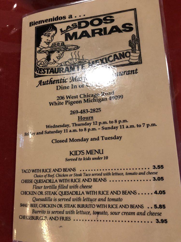 Menu at Las Dos Marias restaurant, White Pigeon