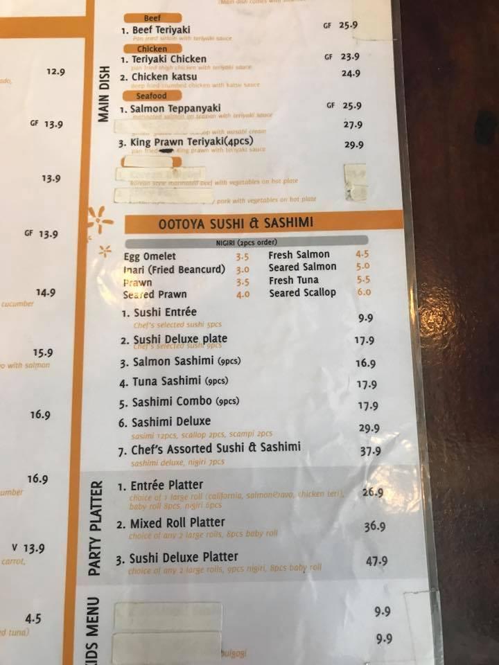 Menu at Ootoya Japanese Sushi Bar, Coffs Harbour