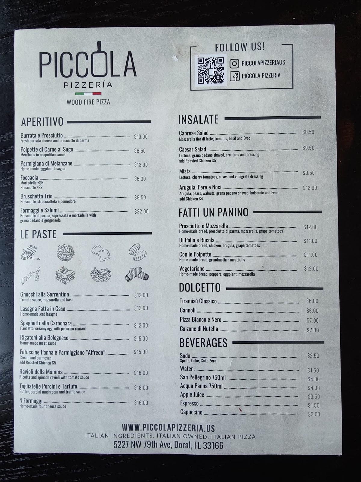 Menu at Piccola Pizzeria, Doral