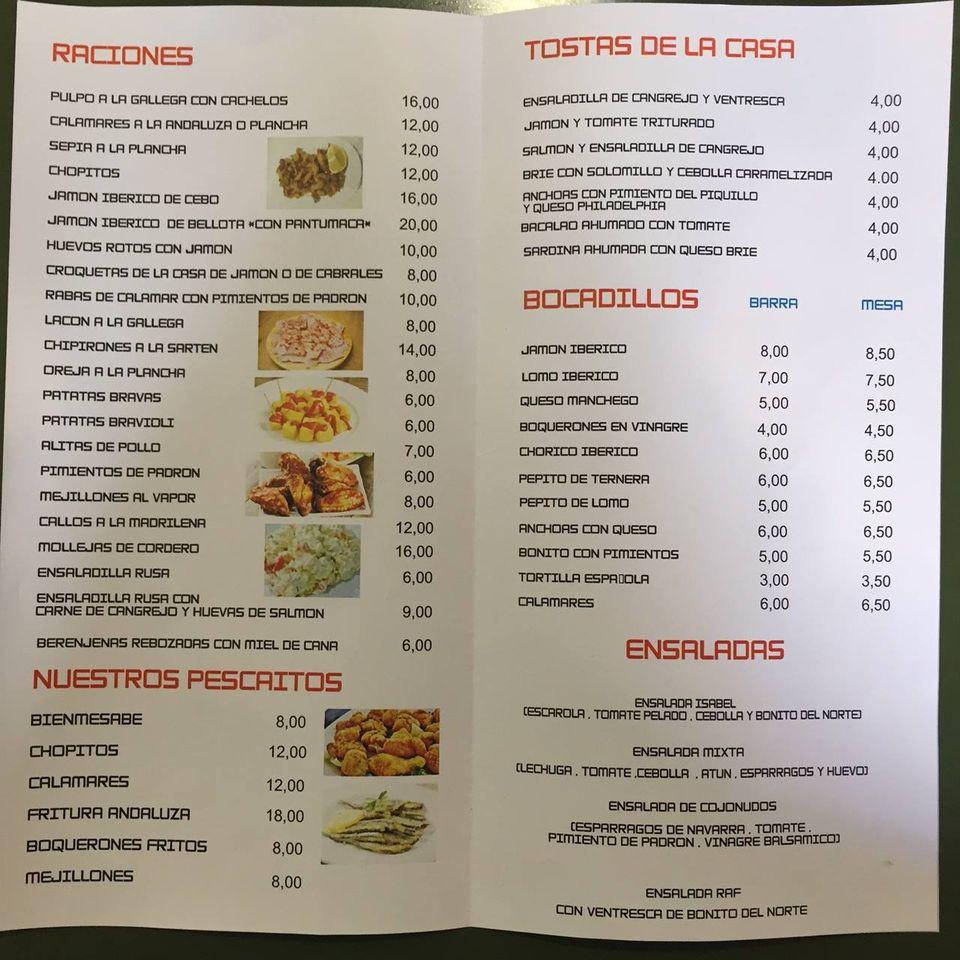 Carta de Restaurante Isabel, Madrid, Calle Bravo Murillo