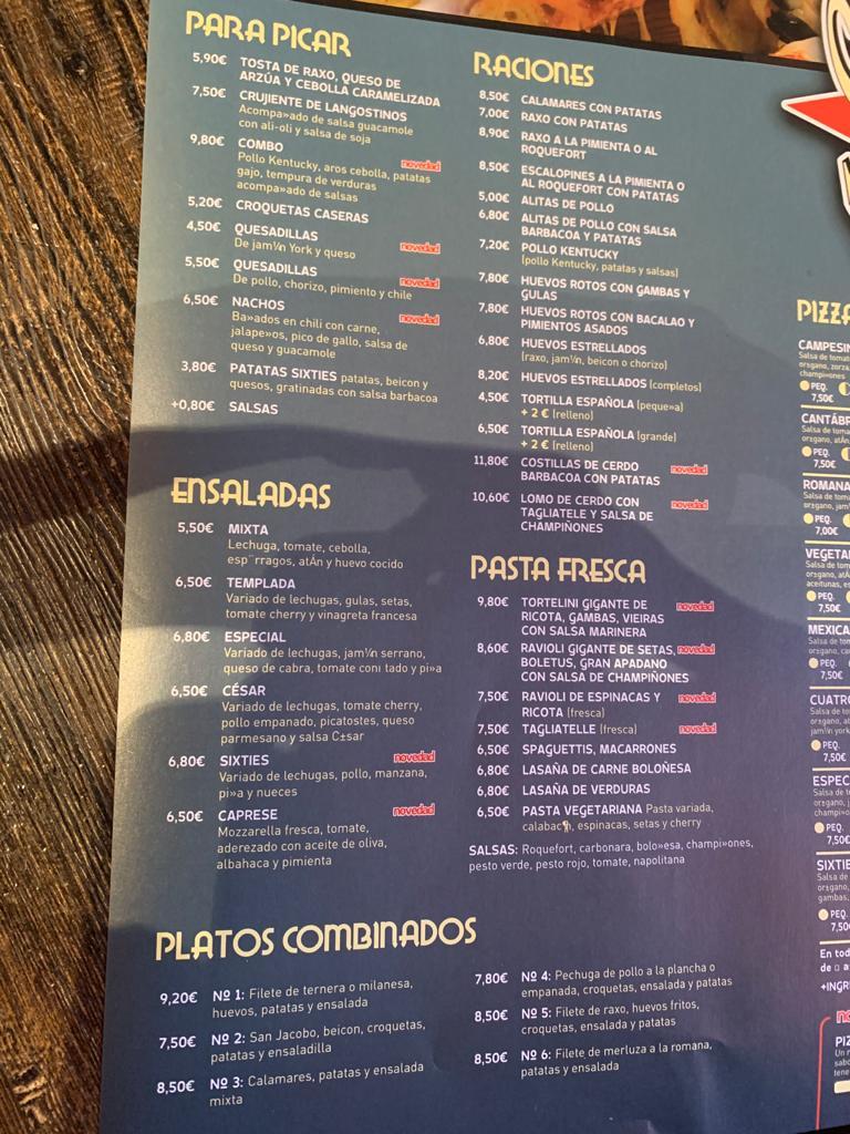 Menu at Sixties pub & bar, Viveiro