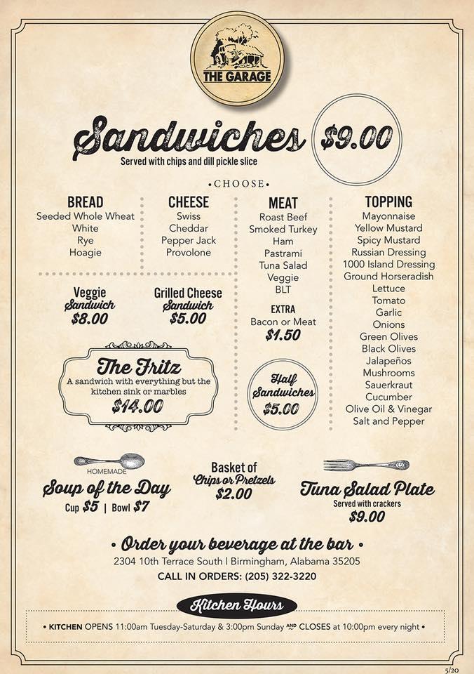 Menu at The Garage pub & bar, Birmingham