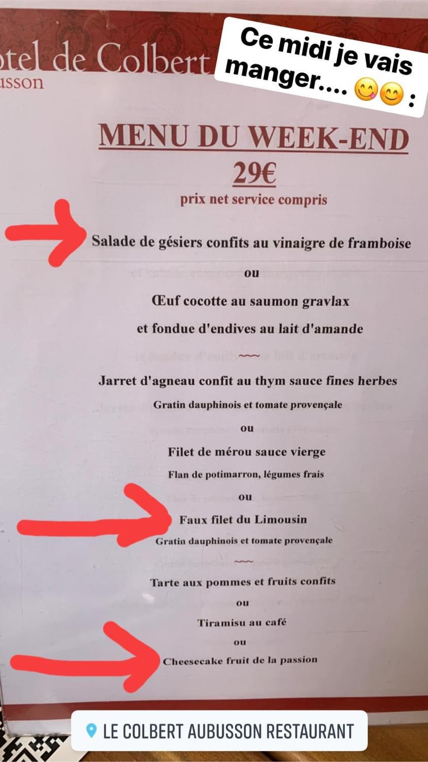 Menu au Hôtel de Colbert restaurant, Aubusson