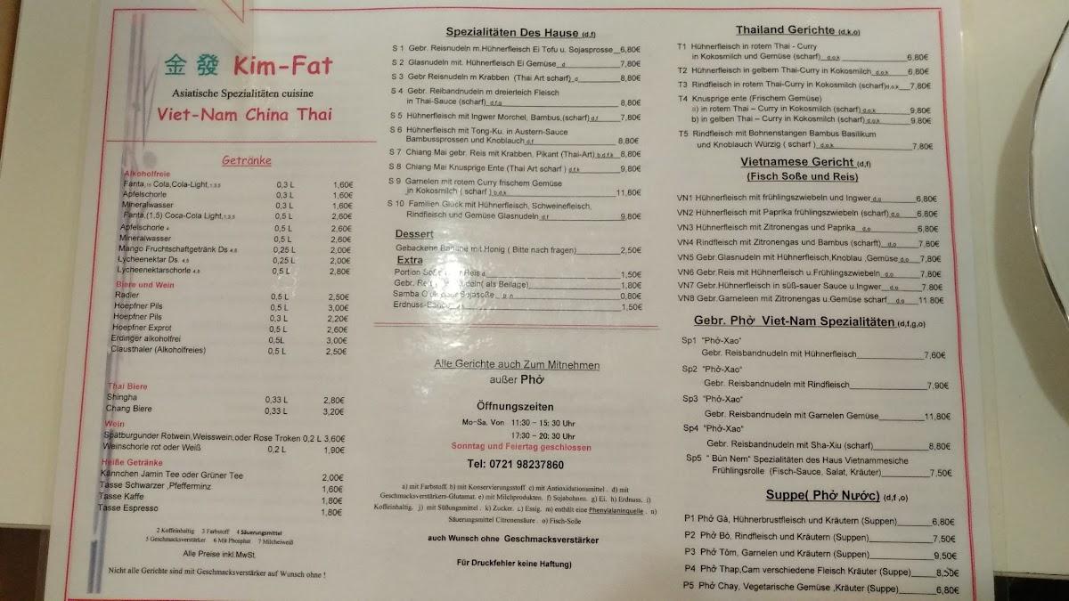 Speisekarte von Kim Fat restaurant, Karlsruhe