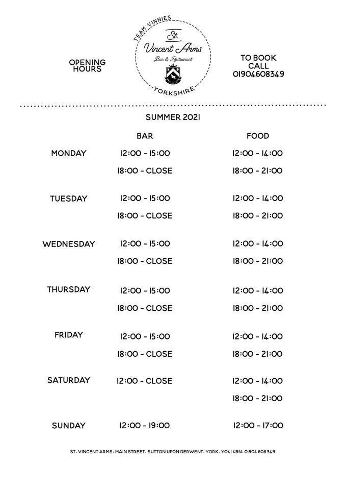 Menu at St Vincent Arms pub & bar, Elvington, Sutton Upon Derwent Main ...