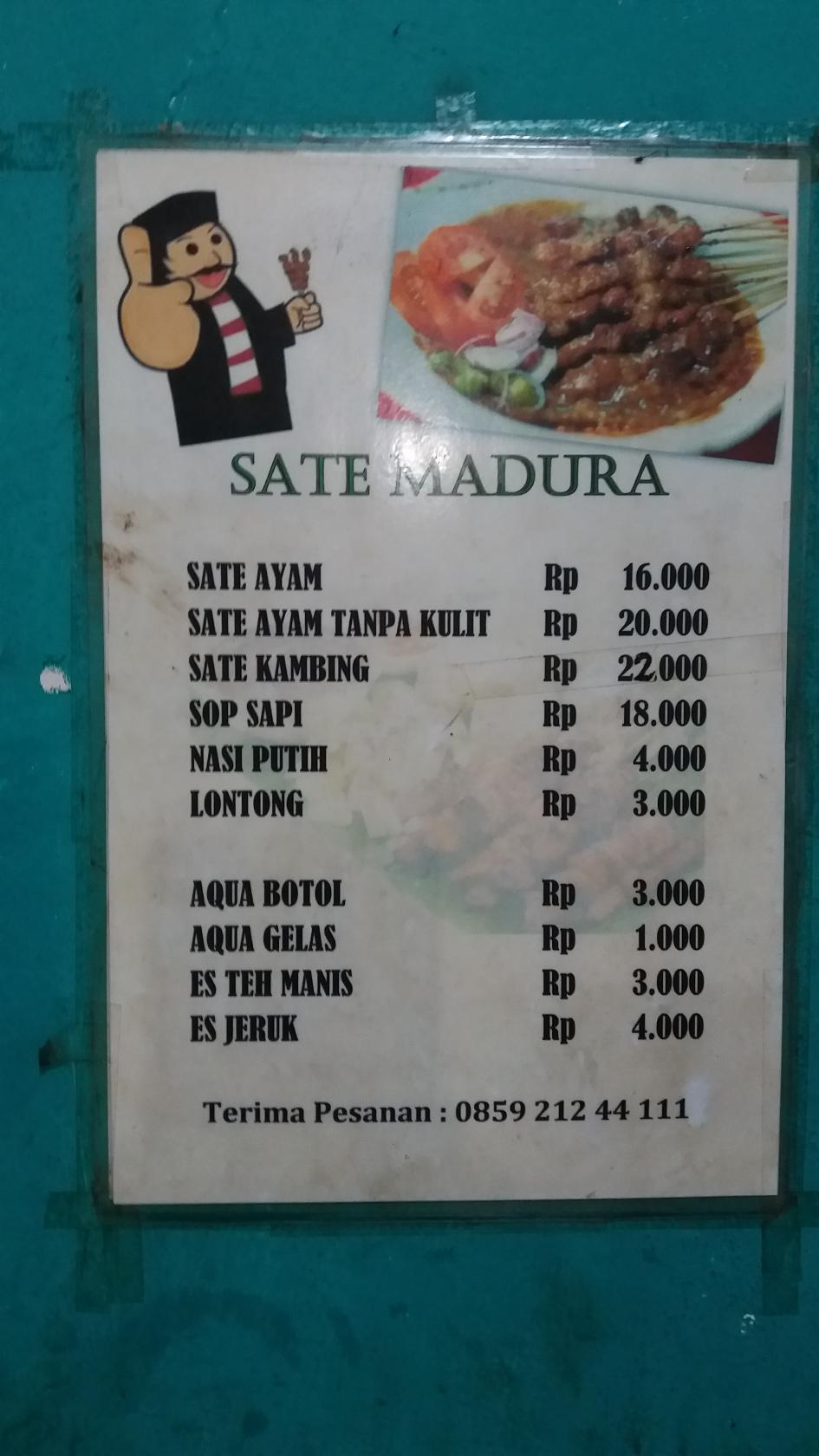 Menu at Warung Sate Madura restaurant, Bekasi Regency, Tugu Jl. Kemandoran