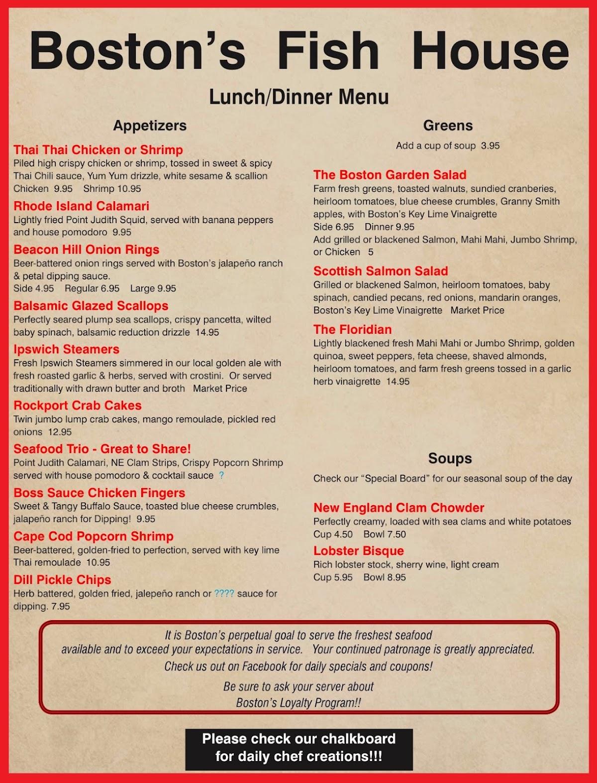Menu at Boston's Fish House restaurant, New Smyrna Beach, S Atlantic Ave
