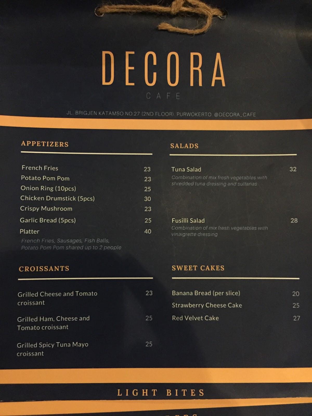 Menu at Decora Cafe, Purwokerto