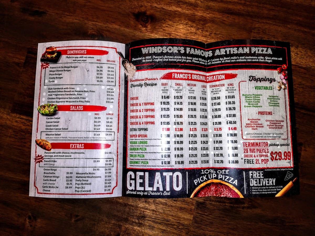 Menu at Franco’s pizzeria, Windsor, Lauzon Rd