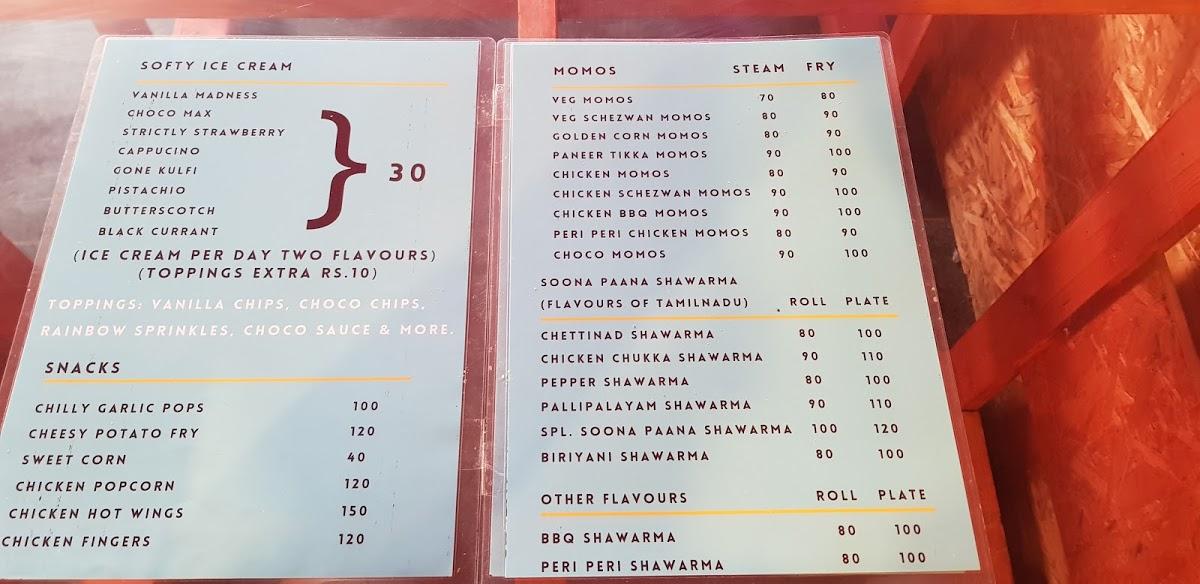 Menu at Meme's cafe, Coimbatore