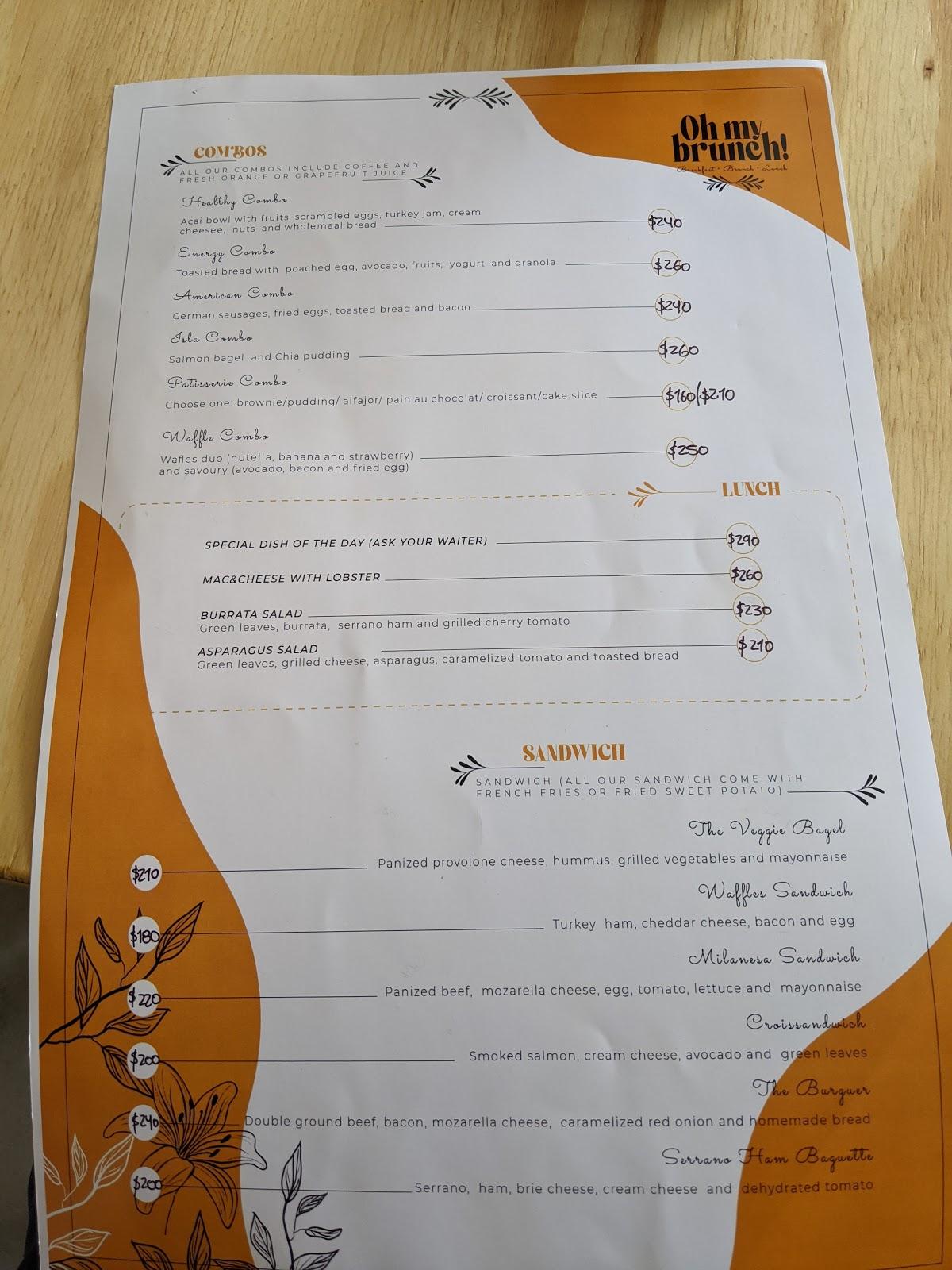 Menu at Oh my brunch restaurant, Isla Mujeres