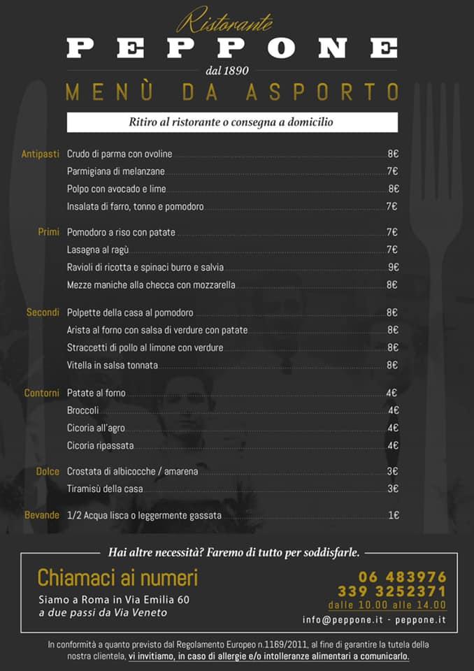 Menu at Peppone restaurant, Rome, Via Emilia