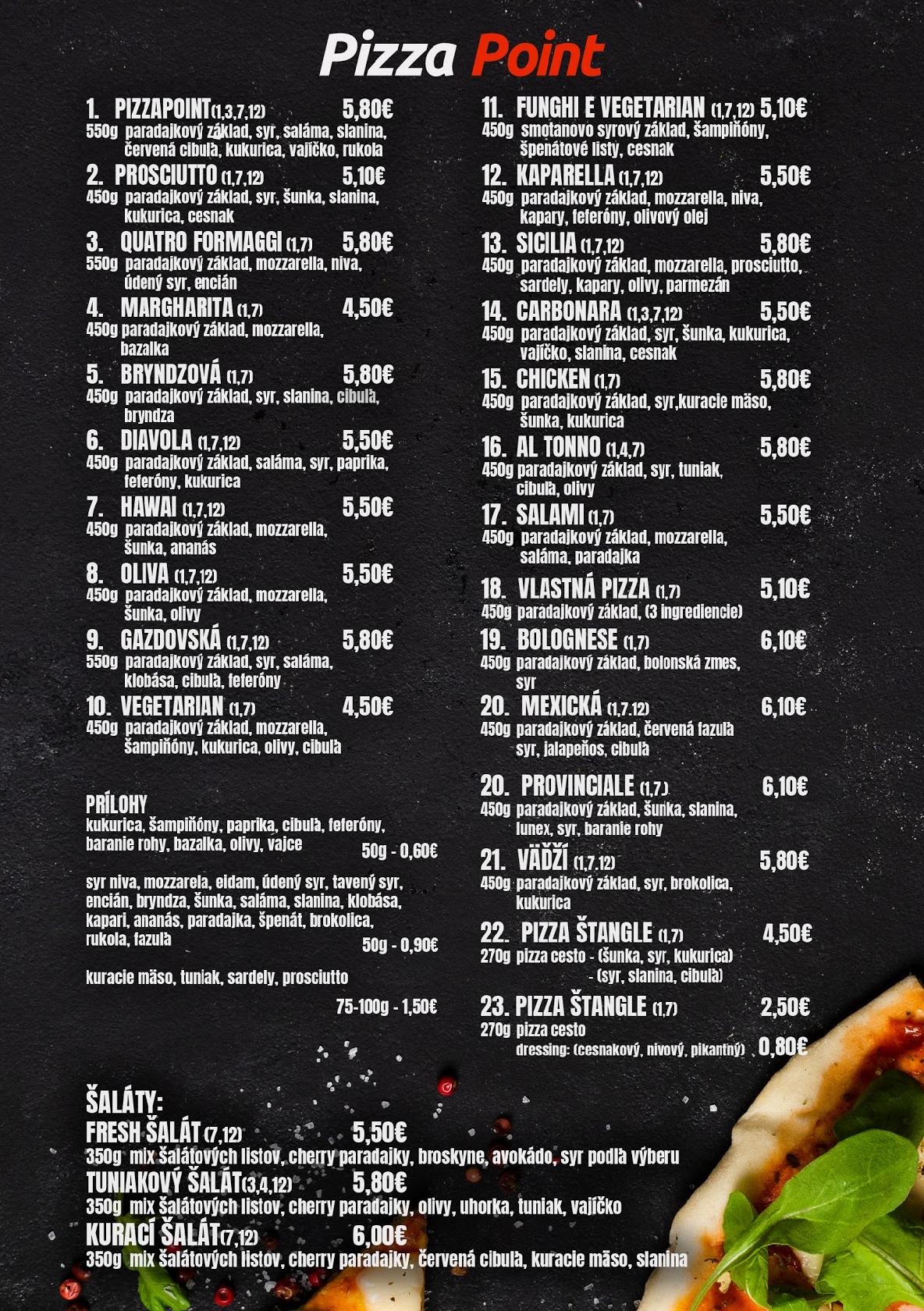 Menu at Pizzapoint restaurant, Most pri Bratislave