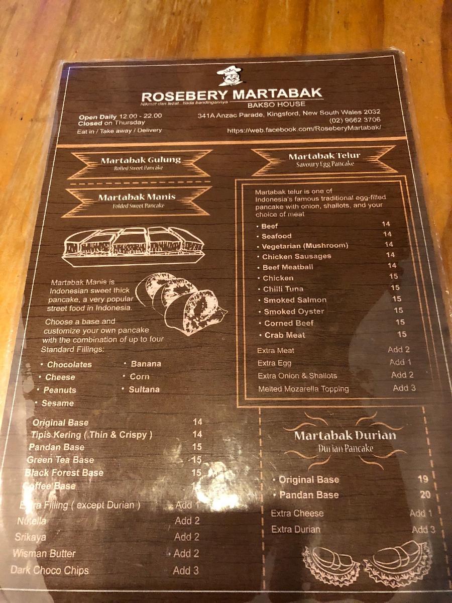 Menu at Rosebery Martabak restaurant, Kingsford
