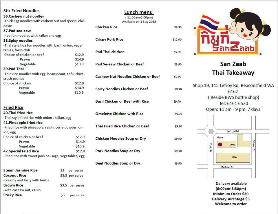 Menu at San Zaab Thai Takeaway restaurant, Beaconsfield