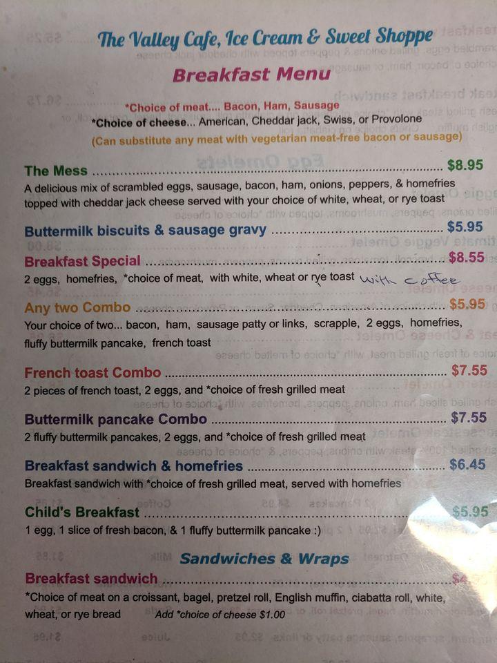 Menu at The Valley Cafe Ice Cream & Sweet Shoppe, Duboistown