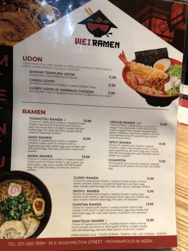 Menu at Wei Ramen restaurant, Indianapolis, 36 Washington St
