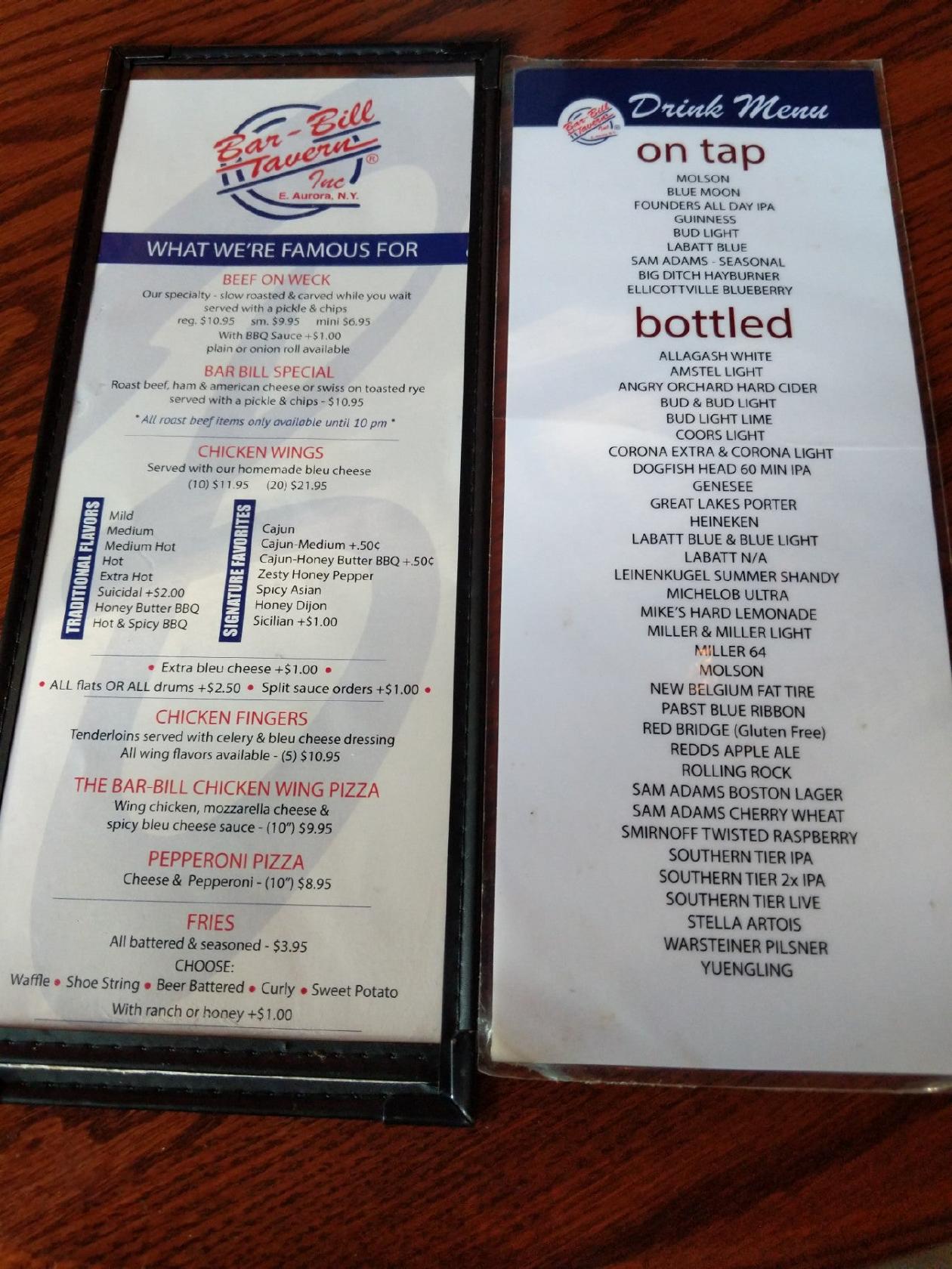 Menu at Bar-Bill Tavern, East Aurora, 185 Main St