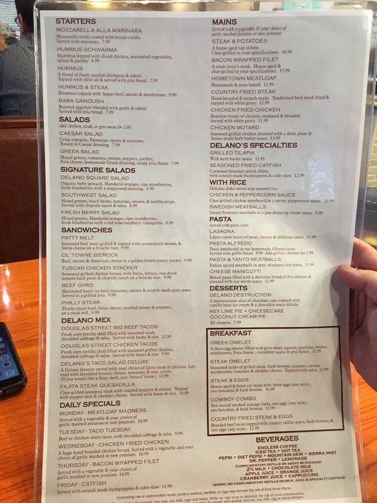 Menu at Delano's Diner restaurant, Wichita