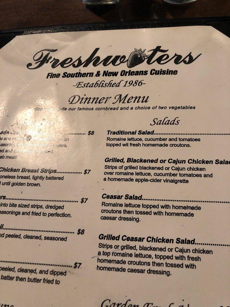 Menu at Freshwaters Southern New Orleans restaurant, Charlotte
