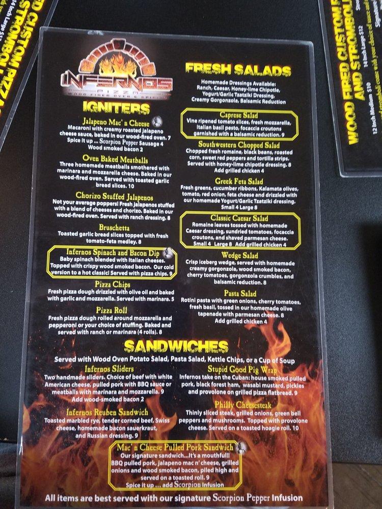 Menu at Inferno's Wood Fired Oven & Spirits pizzeria, New Braunfels
