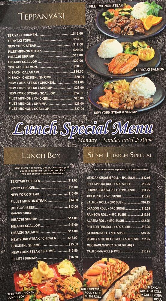 Menu at Sunny's Sushi restaurant, Horizon City