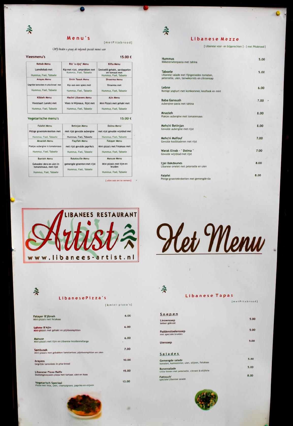 Menu at ARTIST, Amsterdam