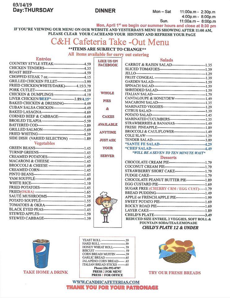 Menu at C&H Cafeteria, Kernersville