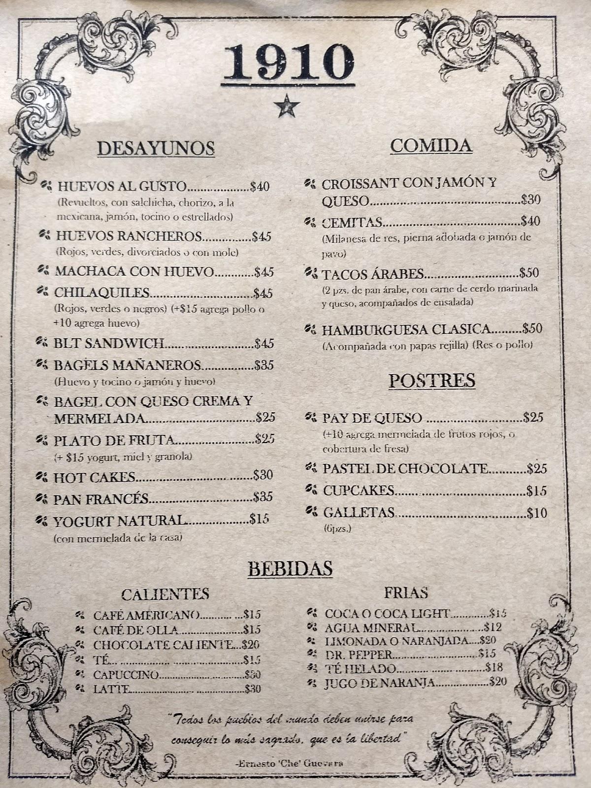 Menu at Café 1910, San Miguel de Allende