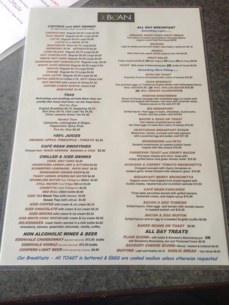 Menu at Cafe Bean, Bunbury