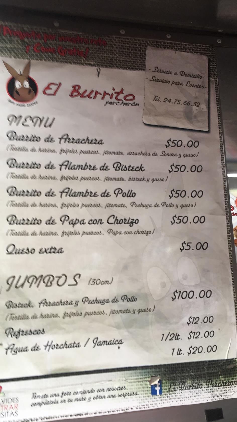 Menu at El Burrito Percheron restaurant, Mexico City