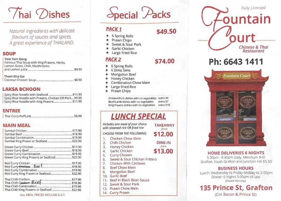 Menu at Fountain Court restaurant, Grafton