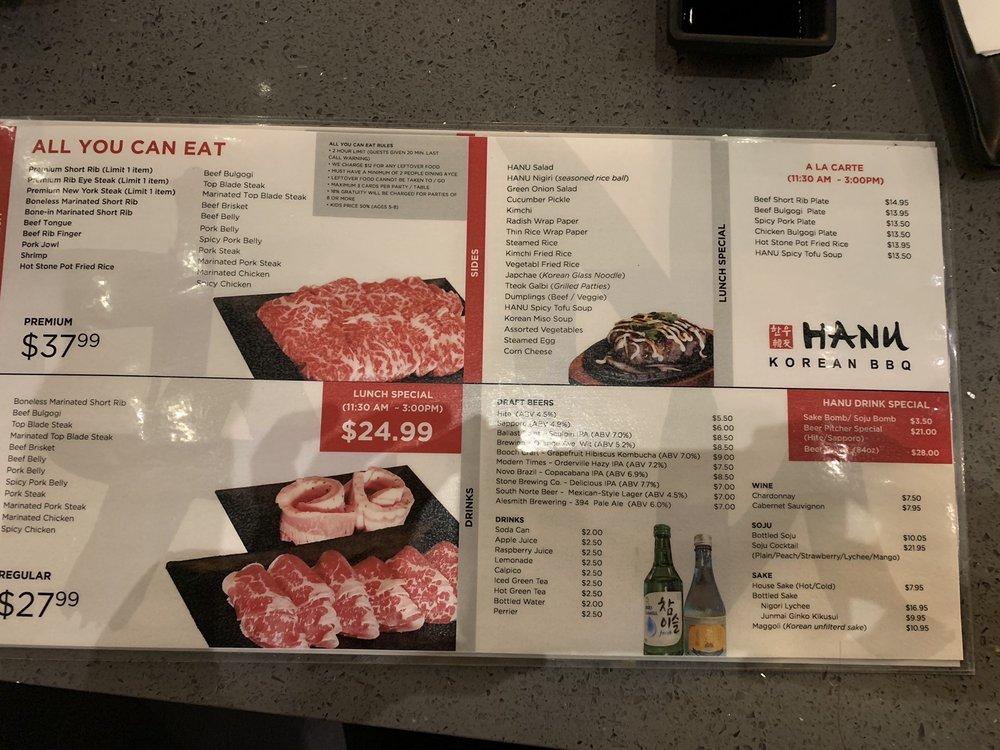 Menu at Hanu Korean Bbq, Chula Vista