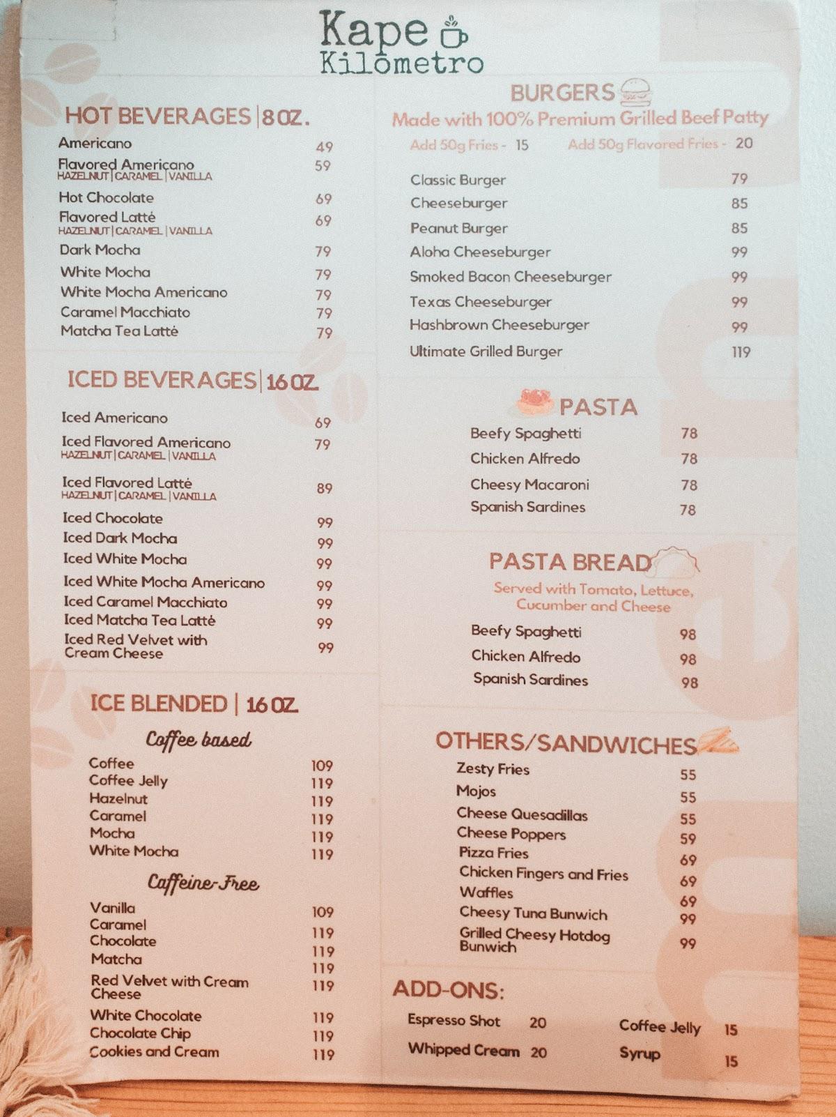 Menu at KAPE Kilometro, Marilao