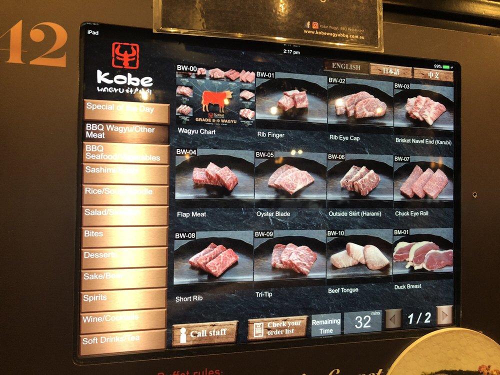 Menu at Kobe Wagyu Yakiniku restaurant, Sydney