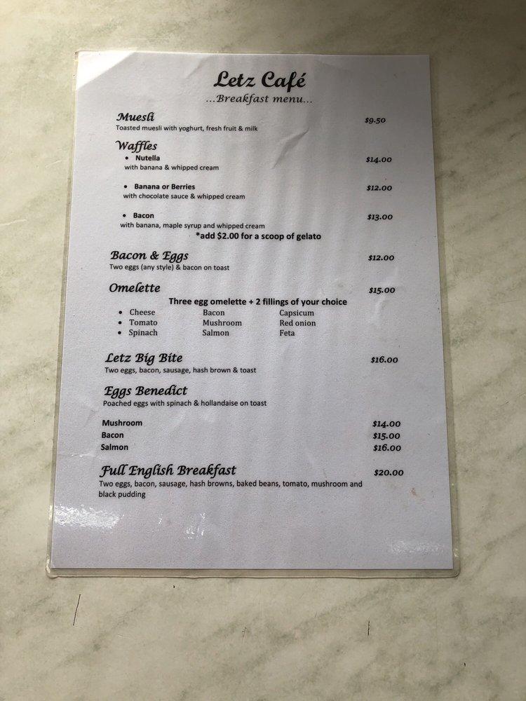 Menu at Letz Cafe, Paihia, 9 Williams Rd
