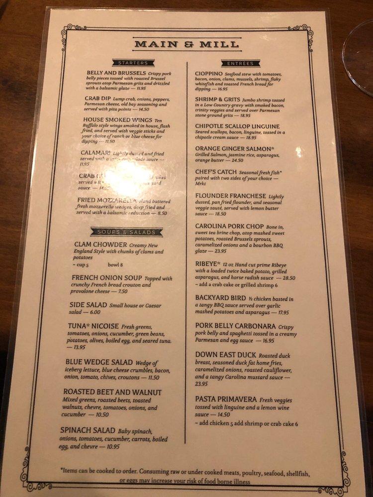 Carta de Main & Mill Oyster Bar & Tavern, Winterville