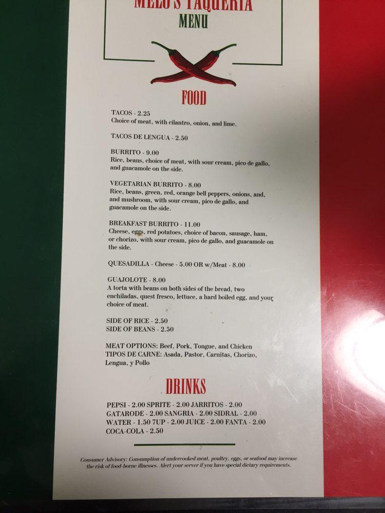 Menu at Melo's Taqueria restaurant, Lincoln City