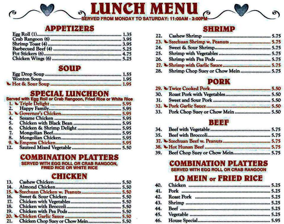 Menu at Memories of China restaurant, Goshen