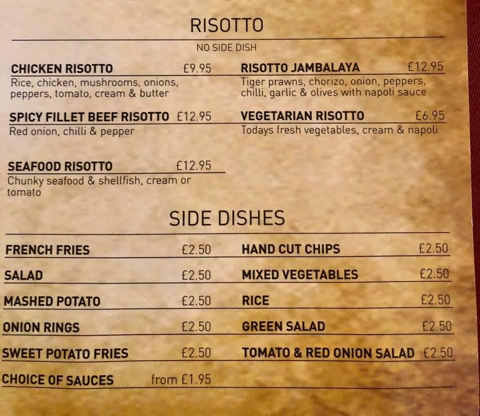 Menu at Sambuca Quayside restaurant, Newcastle upon Tyne