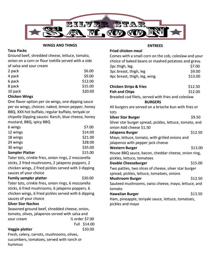Menu at Silver Star Saloon pub & bar, Vancouver