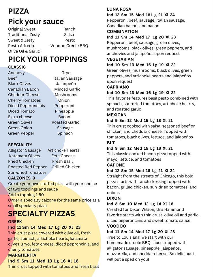 Menu at Tommy's on Thomas pizzeria, Hammond
