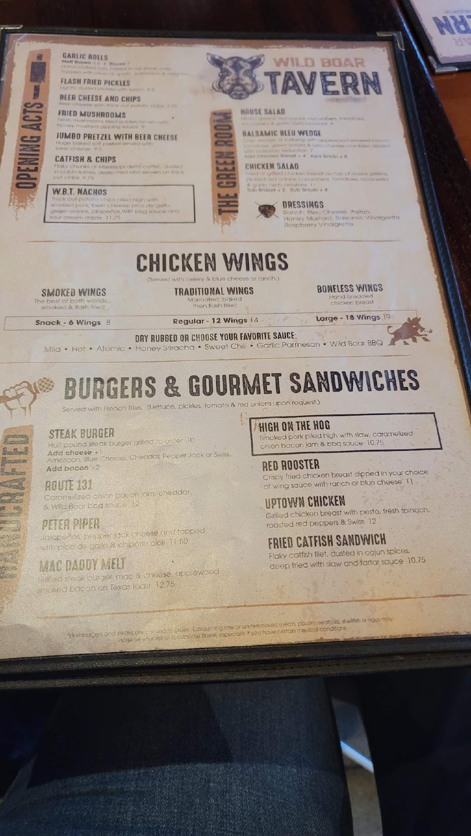 Menu at Wild Boar Tavern restaurant, Knoxville, 950 E Emory Rd