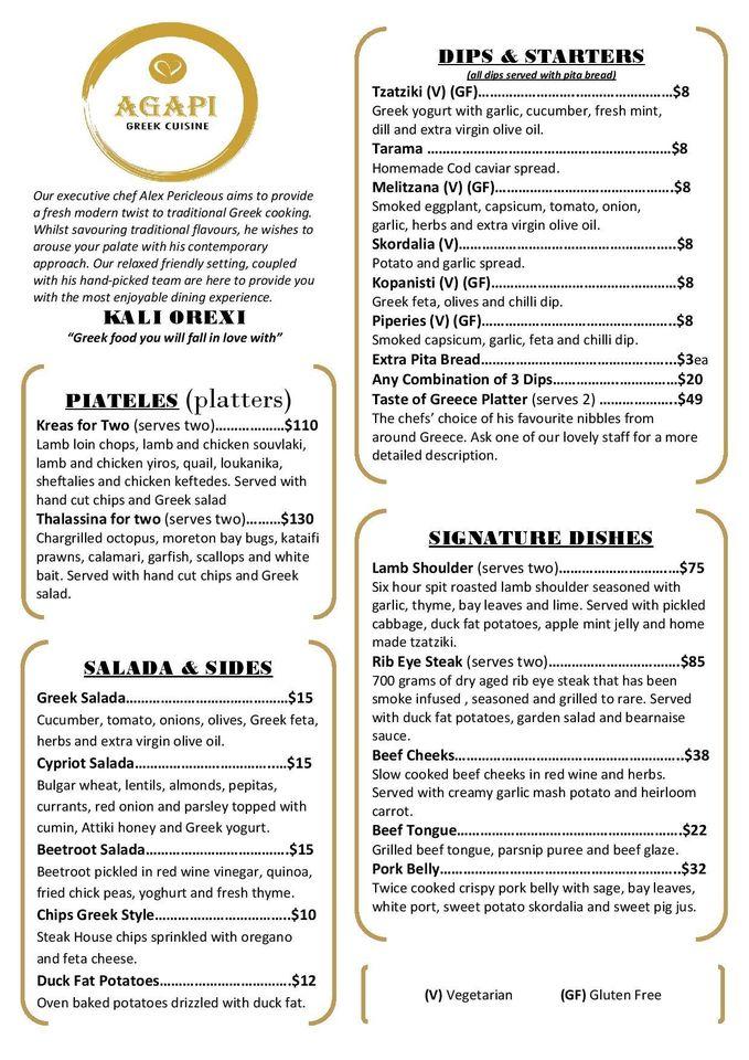 Menu at Agapi Greek Cuisine restaurant, Adelaide