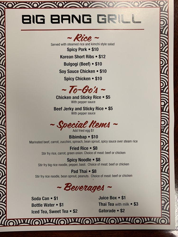 Menu at Big Bang Grill restaurant, Visalia, W Houston Ave