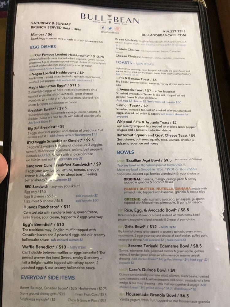 Menu at Bull and Bean restaurant, Durham