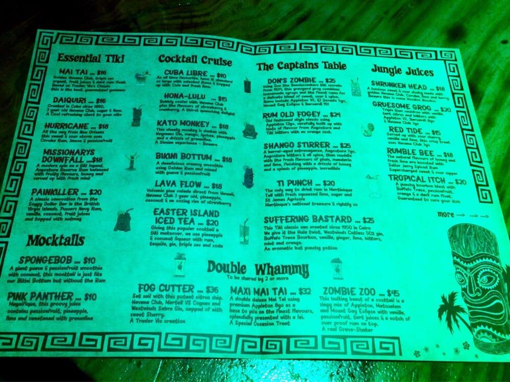 Menu at Hula Bula Bar, Perth
