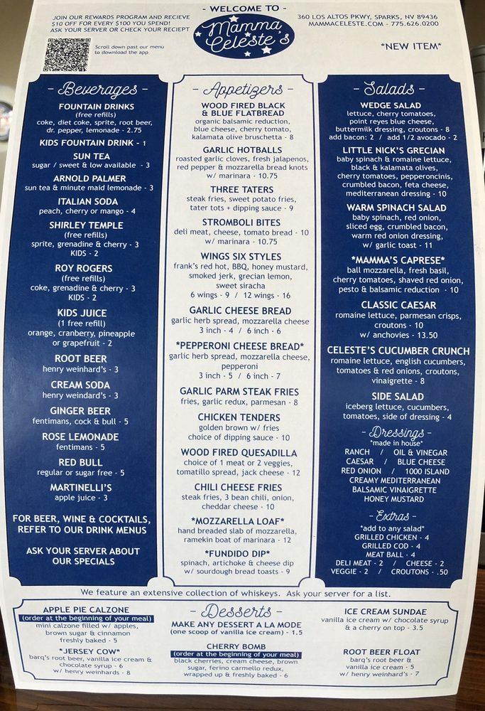 Menu at Mamma Celeste's Gastropub & Pizzeria, Sparks