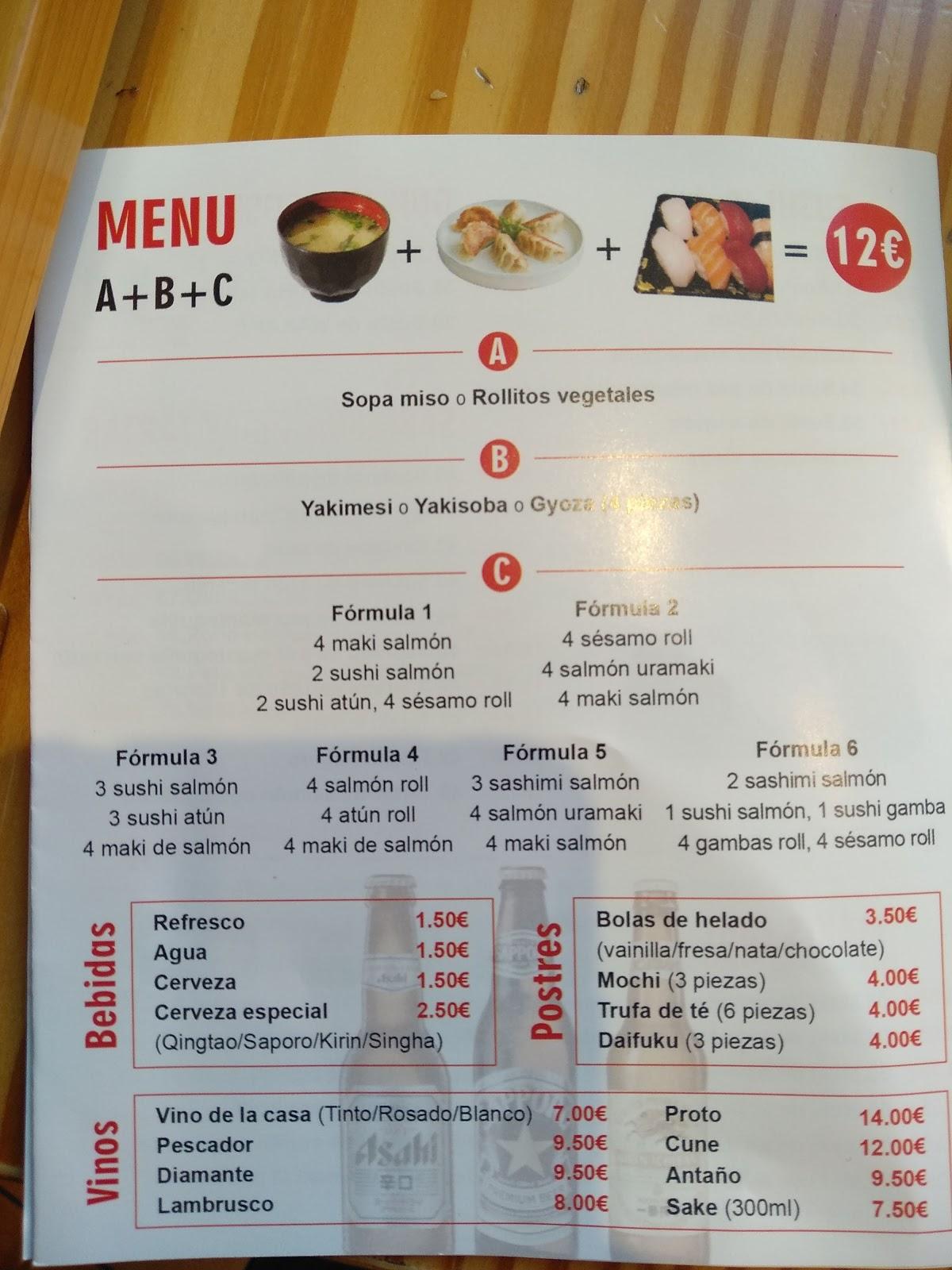 Menu at Yi sushi restaurant, Murcia